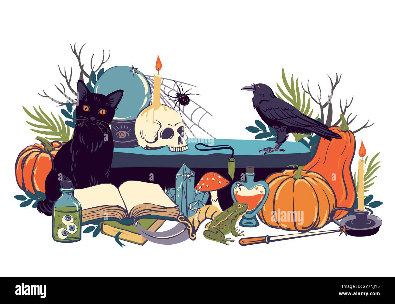 Composition with magic items, witchcraft goods, grimoire, potion ...