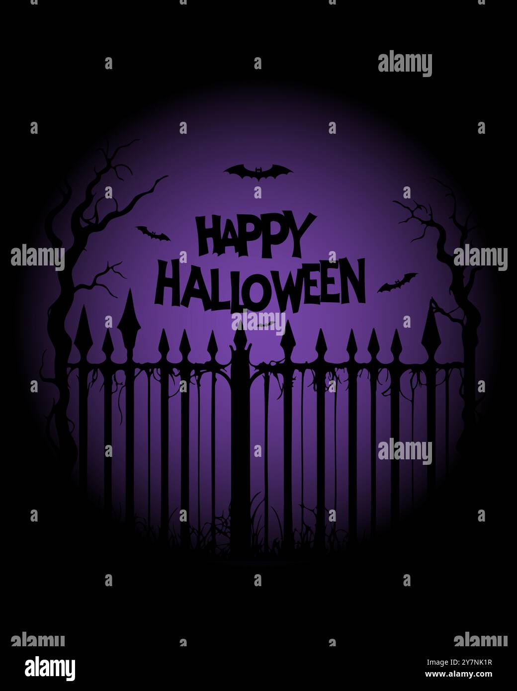 Poster Happy Halloween on purple background, with cemetery with an old scary fence and ...