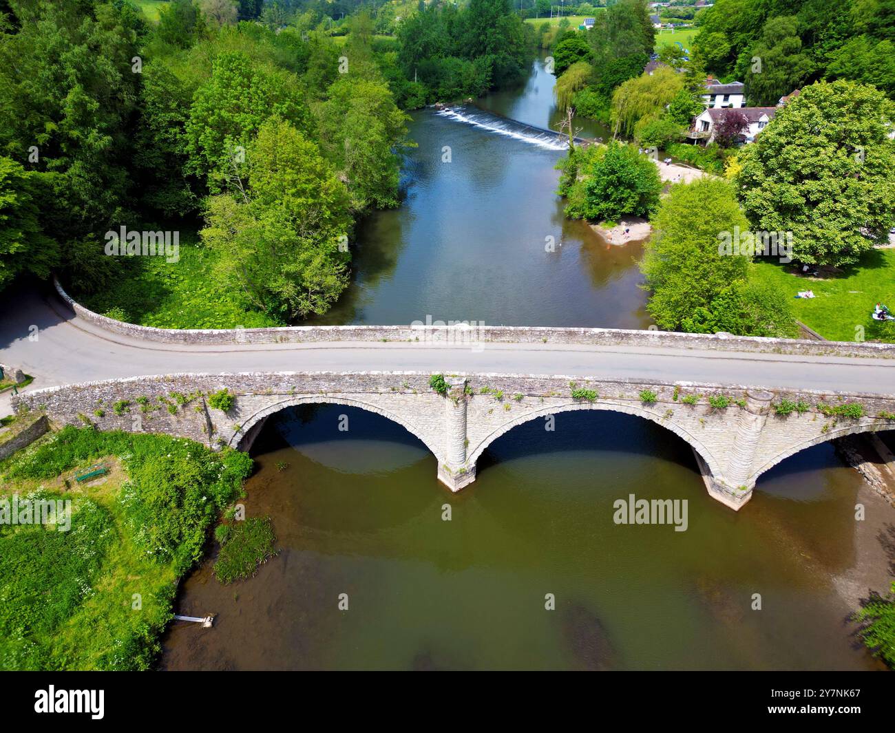An aerial view of Dinham Bridge spanning the river in Ludlow ...