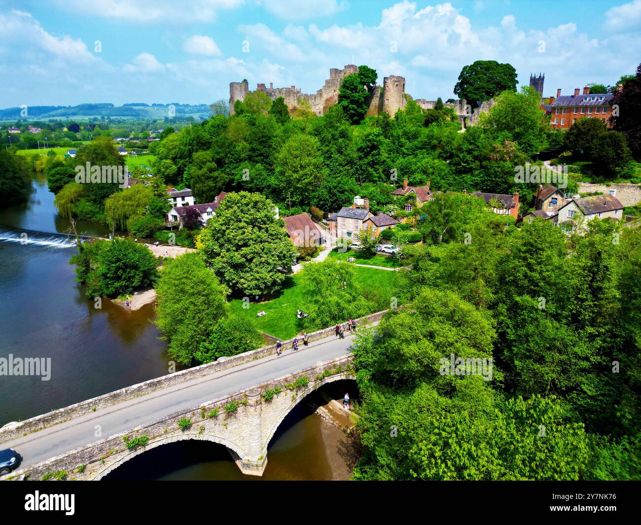 An aerial view of Ludlow Castle and the surrounding countryside with ...