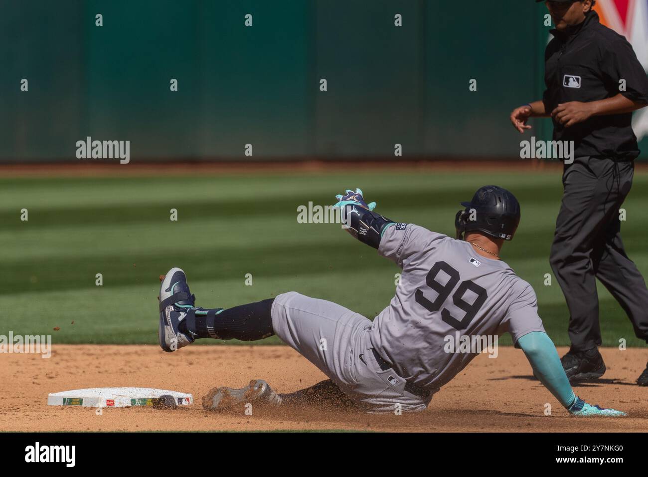 New York Yankees Outfielder Aaron Judge (99) slides into second base ...