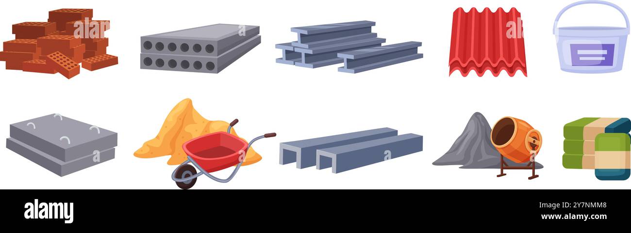 Construction materials heaps. Concrete panels, bricks and stones piles ...