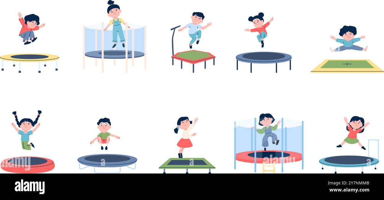 Children trampoline jumping. Kids have fun, jump bouncing on different ...