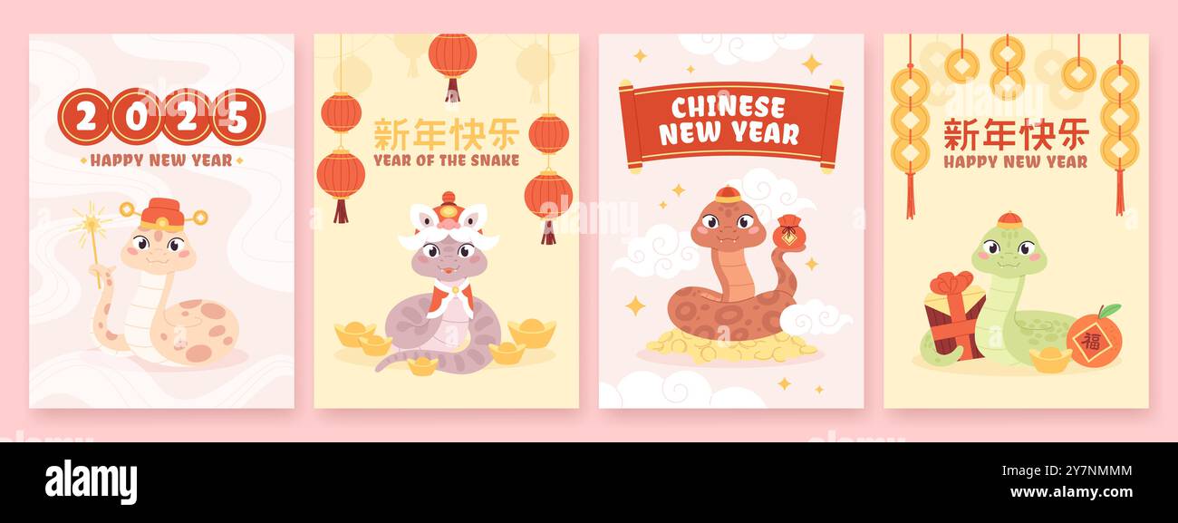 Snakes cards. Chinese style new year posters with cartoon snake and ...
