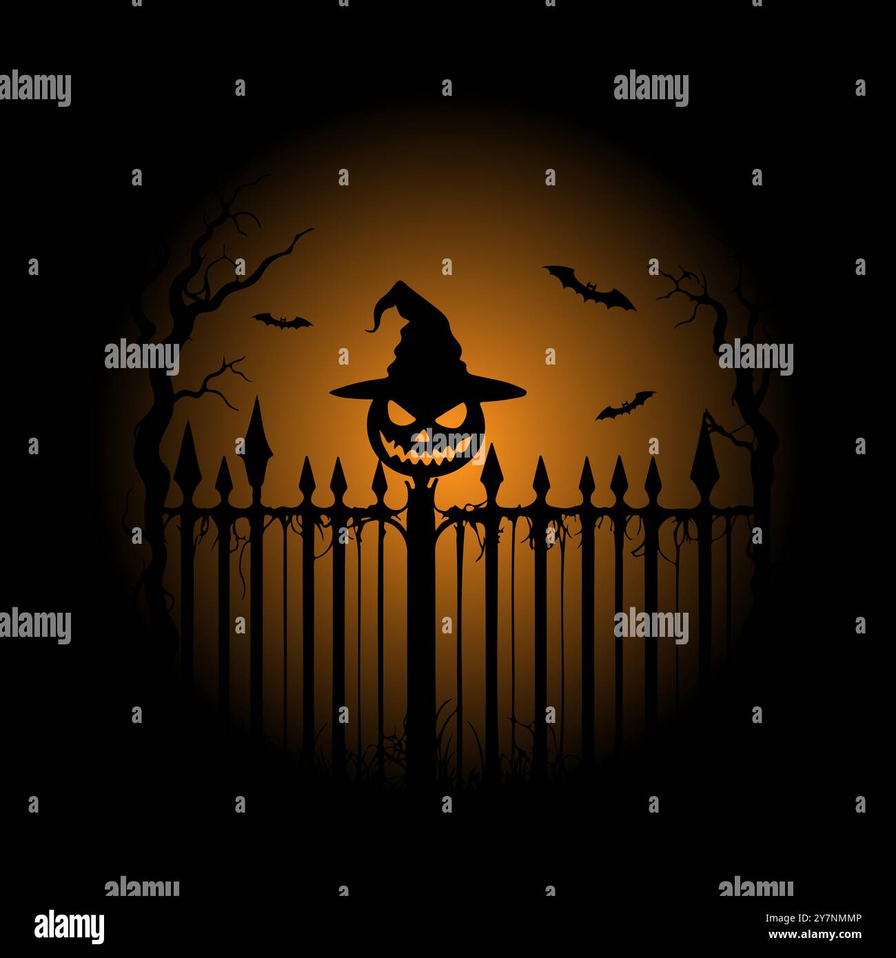 Scary pumpkin head in hat, poster on orange background, put on ...