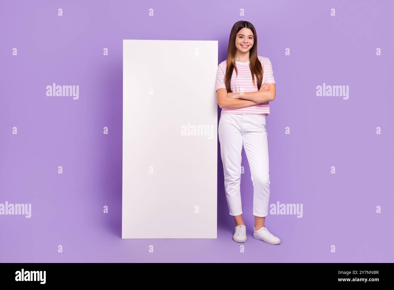 Full body photo of positive charming girl crossed arms demonstrate huge ...