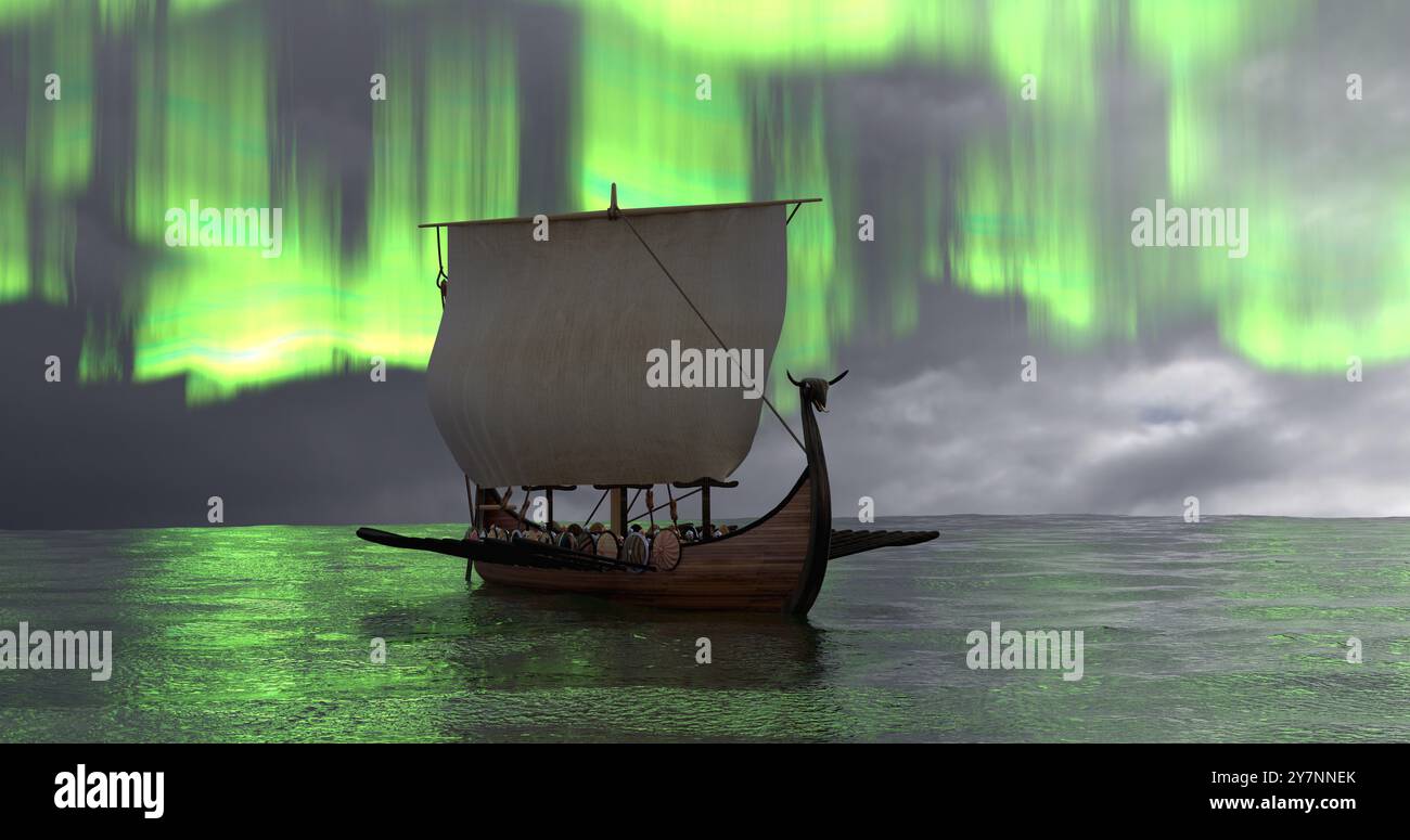 Viking ship longship 3D render image of aurora borealis and sailing ...