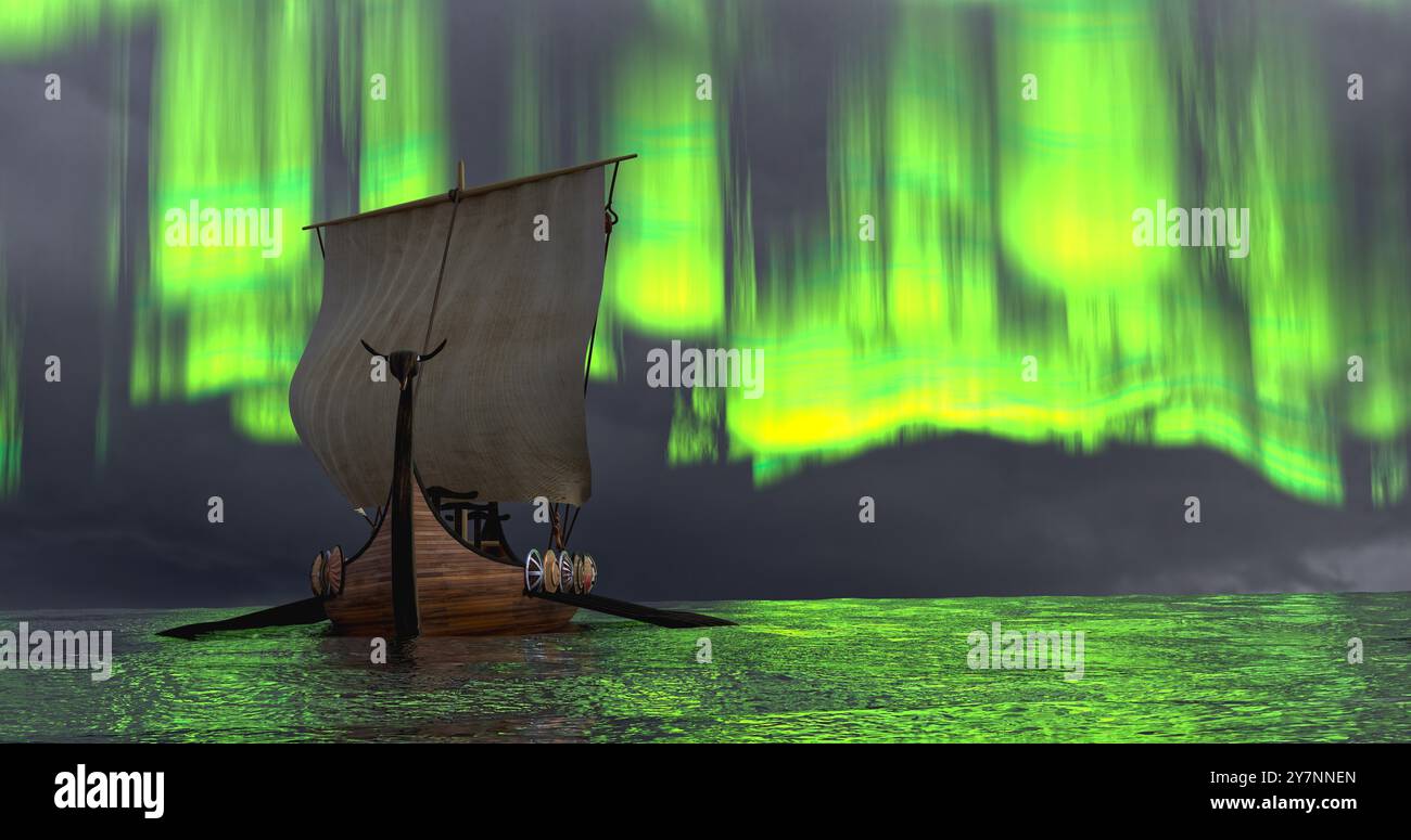 Viking ship longship 3D render image of aurora borealis and sailing ...