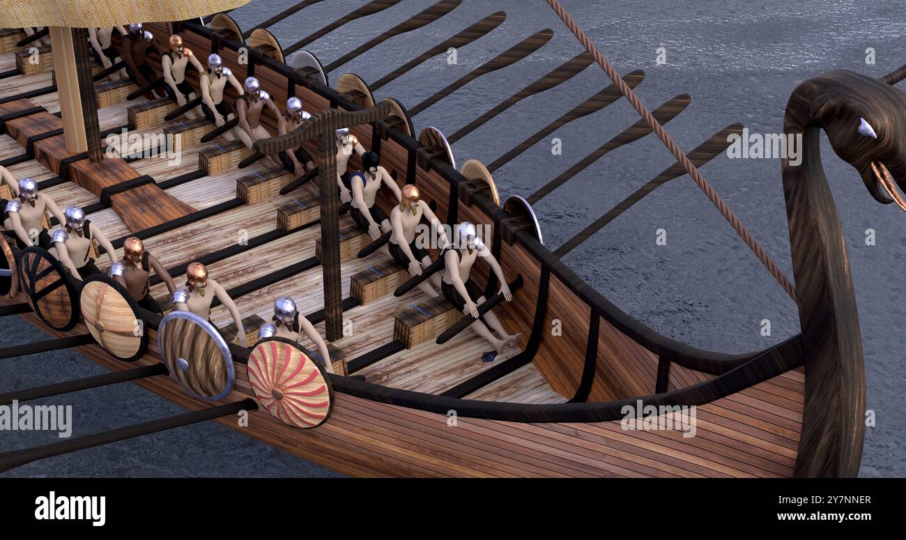 Viking ship longship 3D render image detail rowing vikings on a sailing ship Stock Photo - Alamy