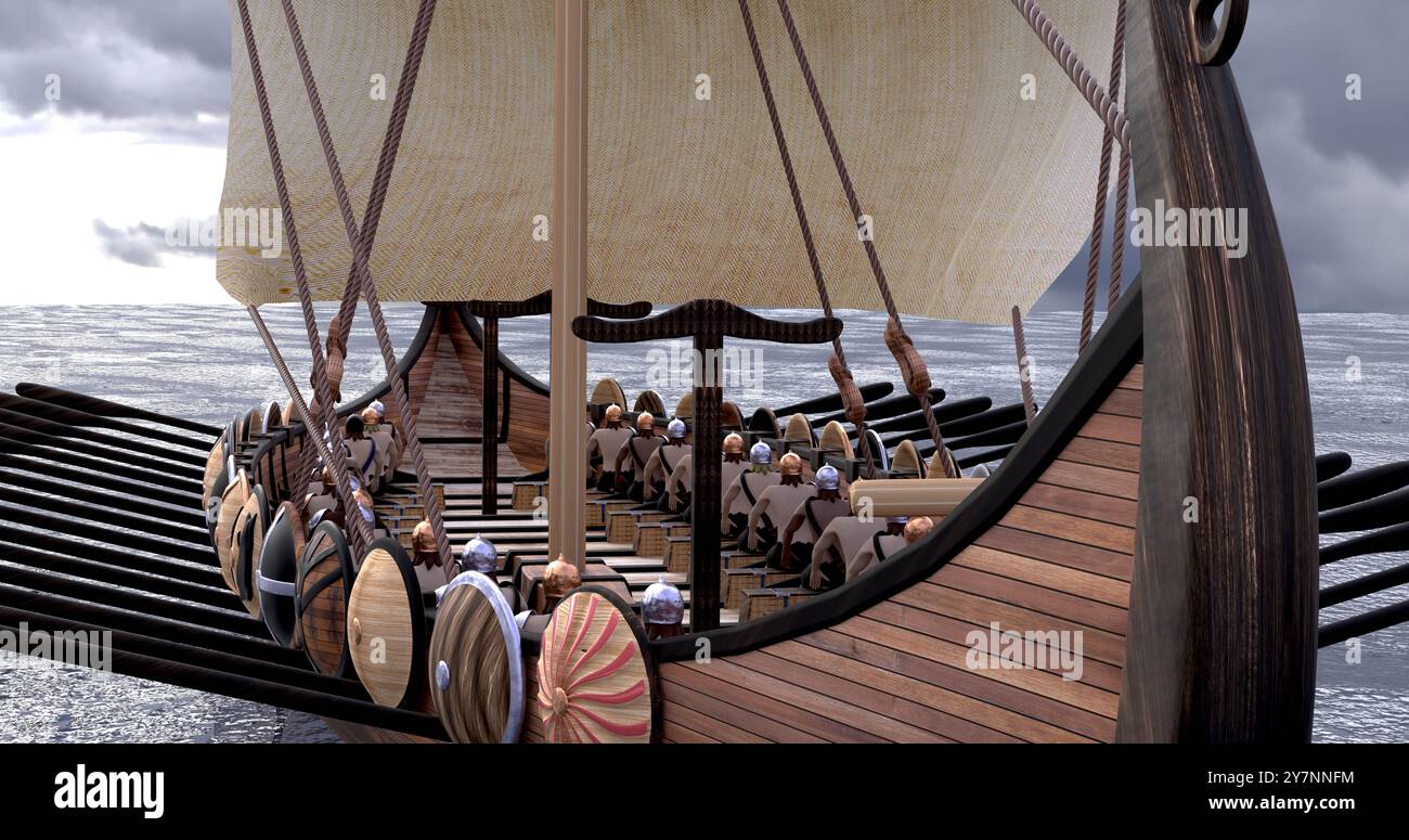 Viking ship longship 3D render image detail rowing vikings on a sailing ship Stock Photo - Alamy