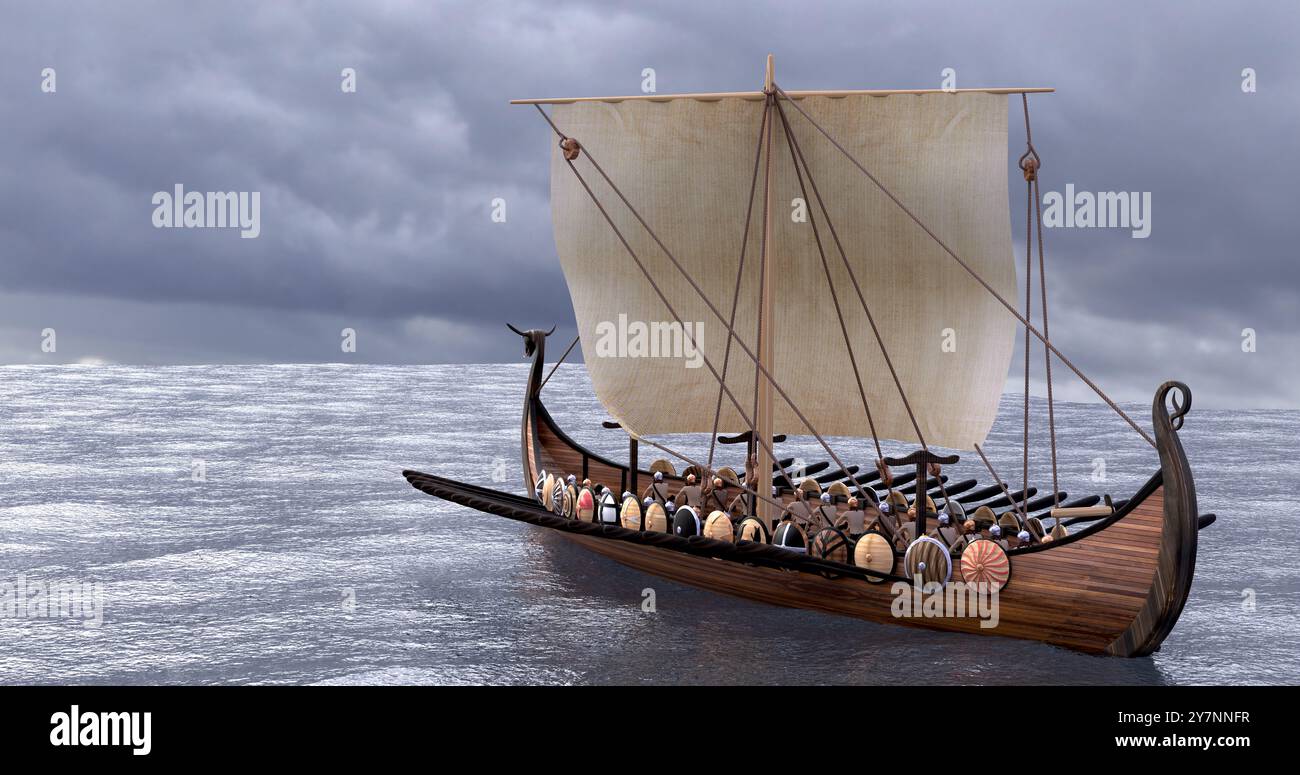 Viking ship longship 3D render image from sea level rowing vikings on a ...