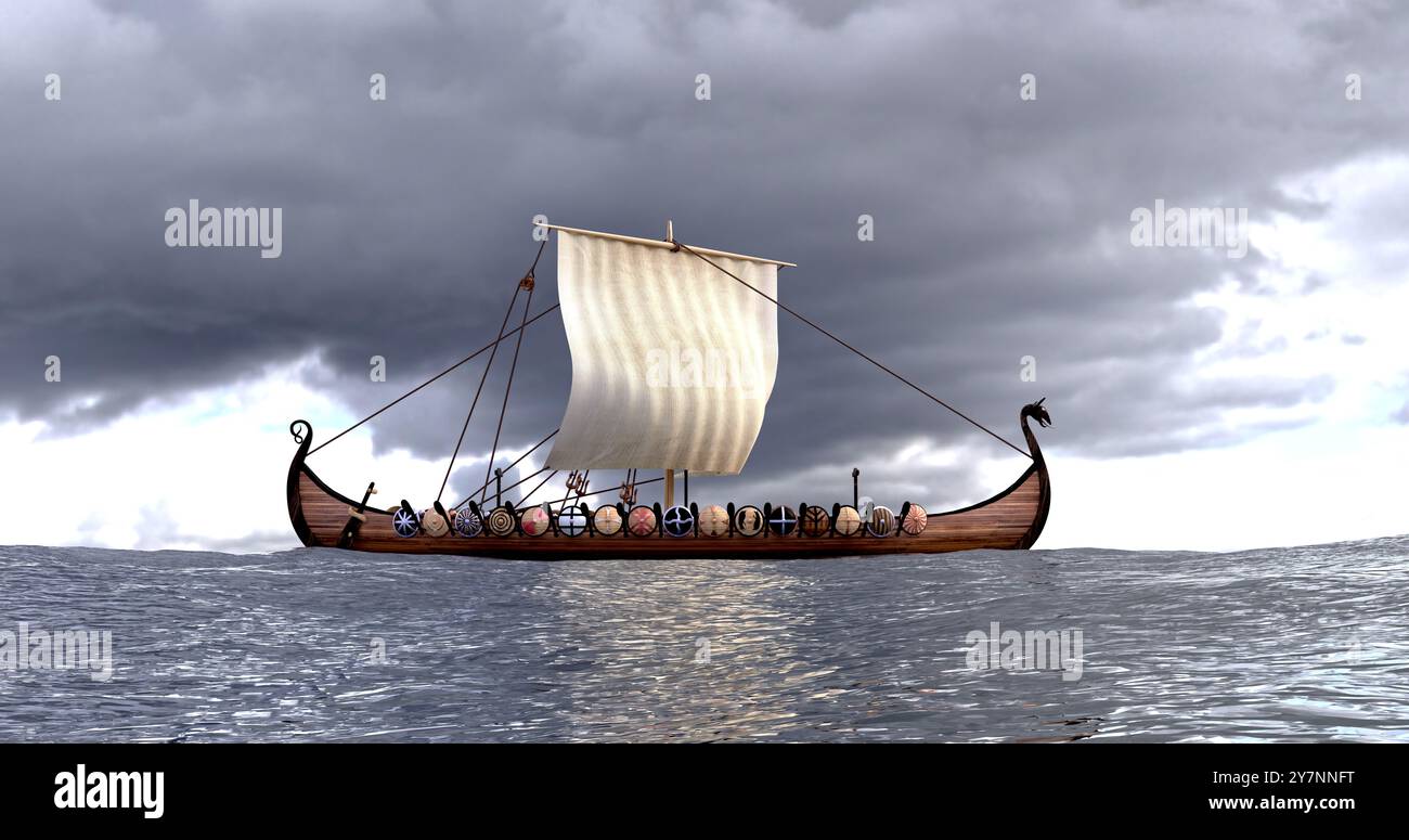 Viking ship longship 3D render image from sea level rowing vikings on a ...
