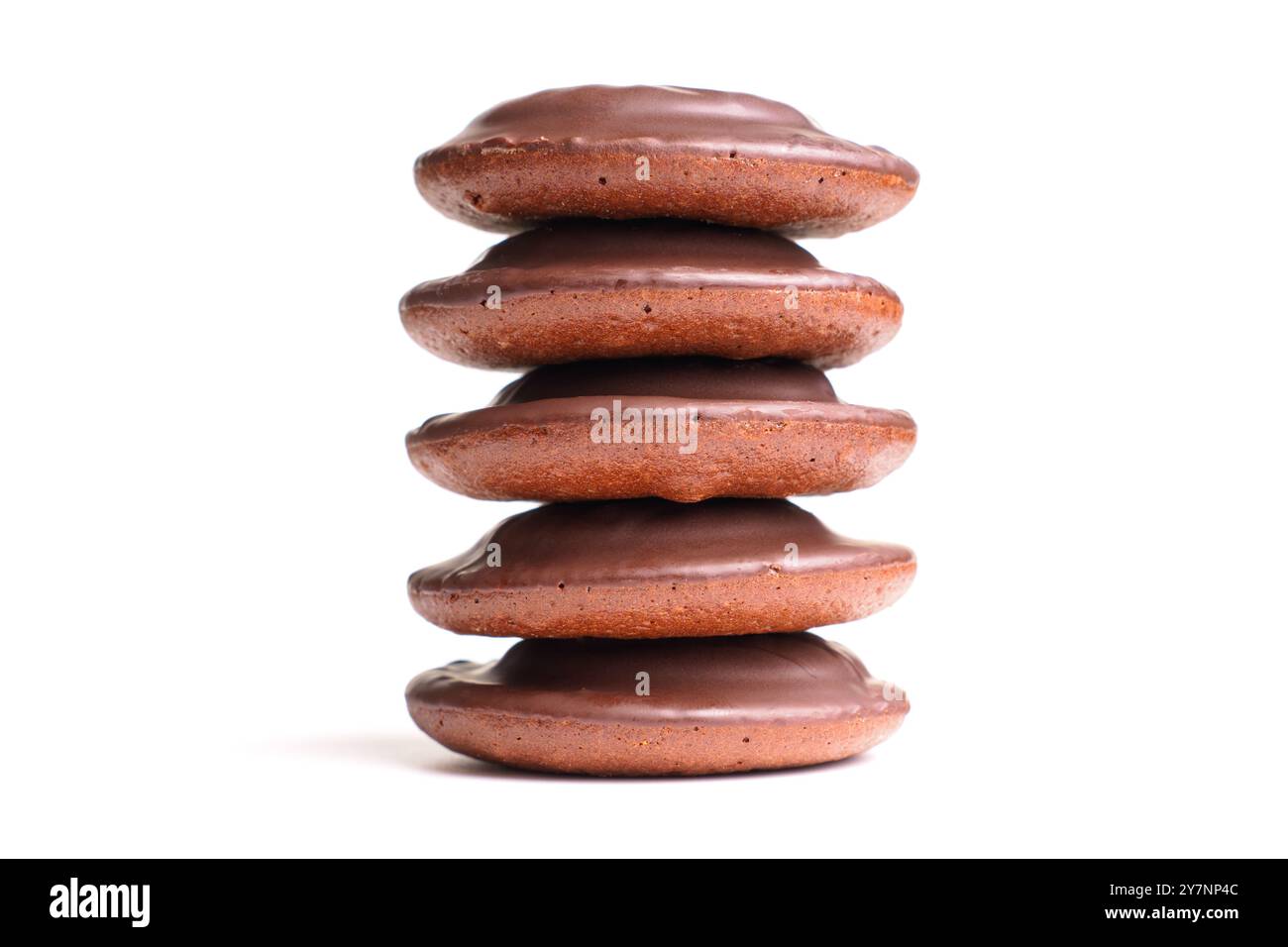 Stack of five chocolate-coated cookies isolated on white background ...