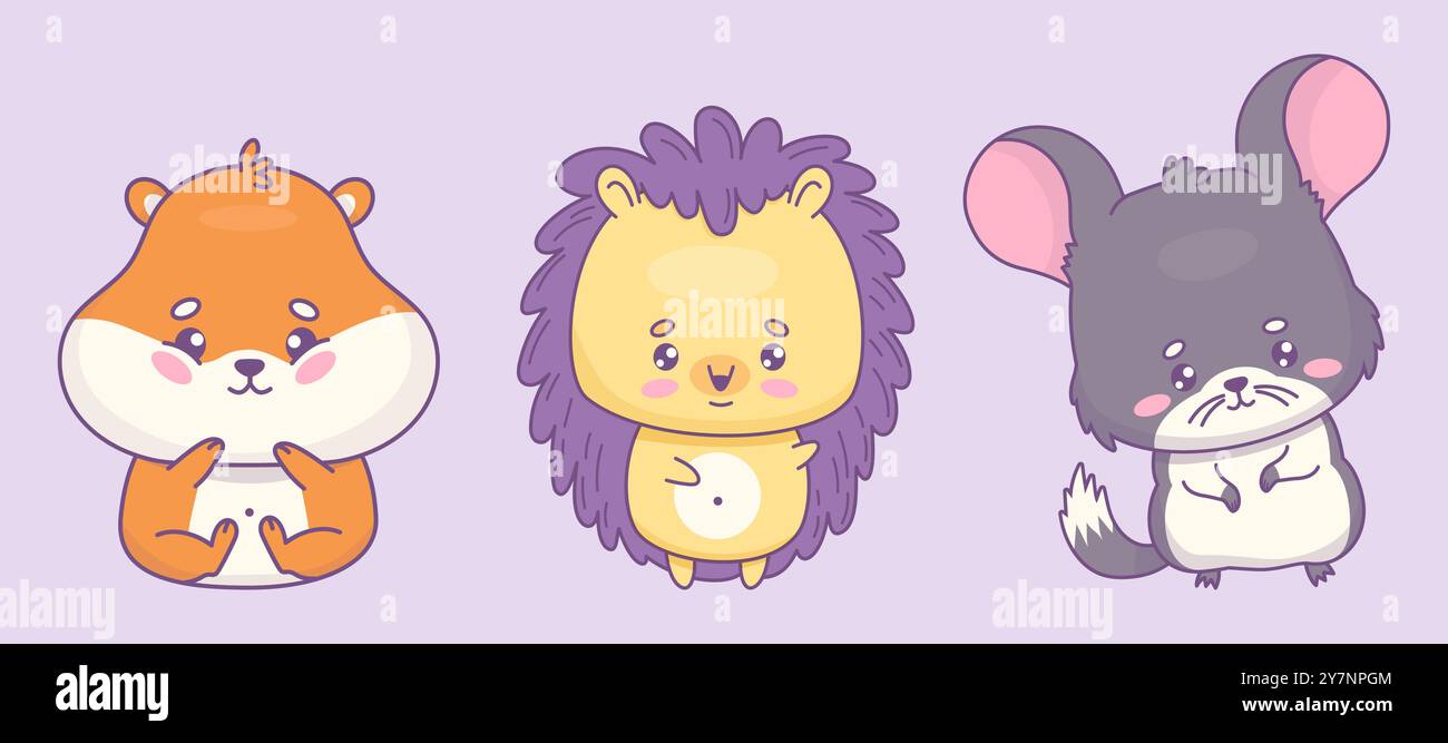 Cute cartoon rodents. Funny hamster, chinchilla and happy hedgehog ...