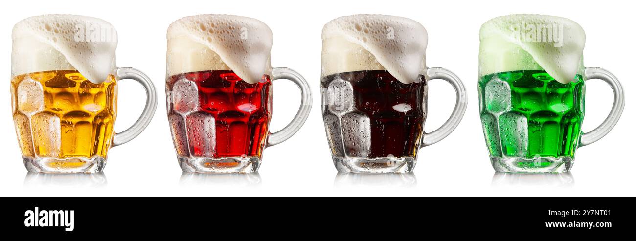 Set of different beer styles in four mugs with large foam head isolated ...