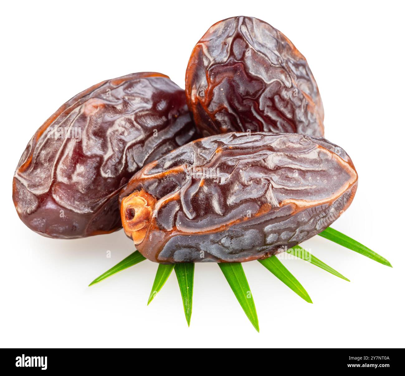 Semi-dried dates or date palm fruits lie on palm leaves isolated on ...