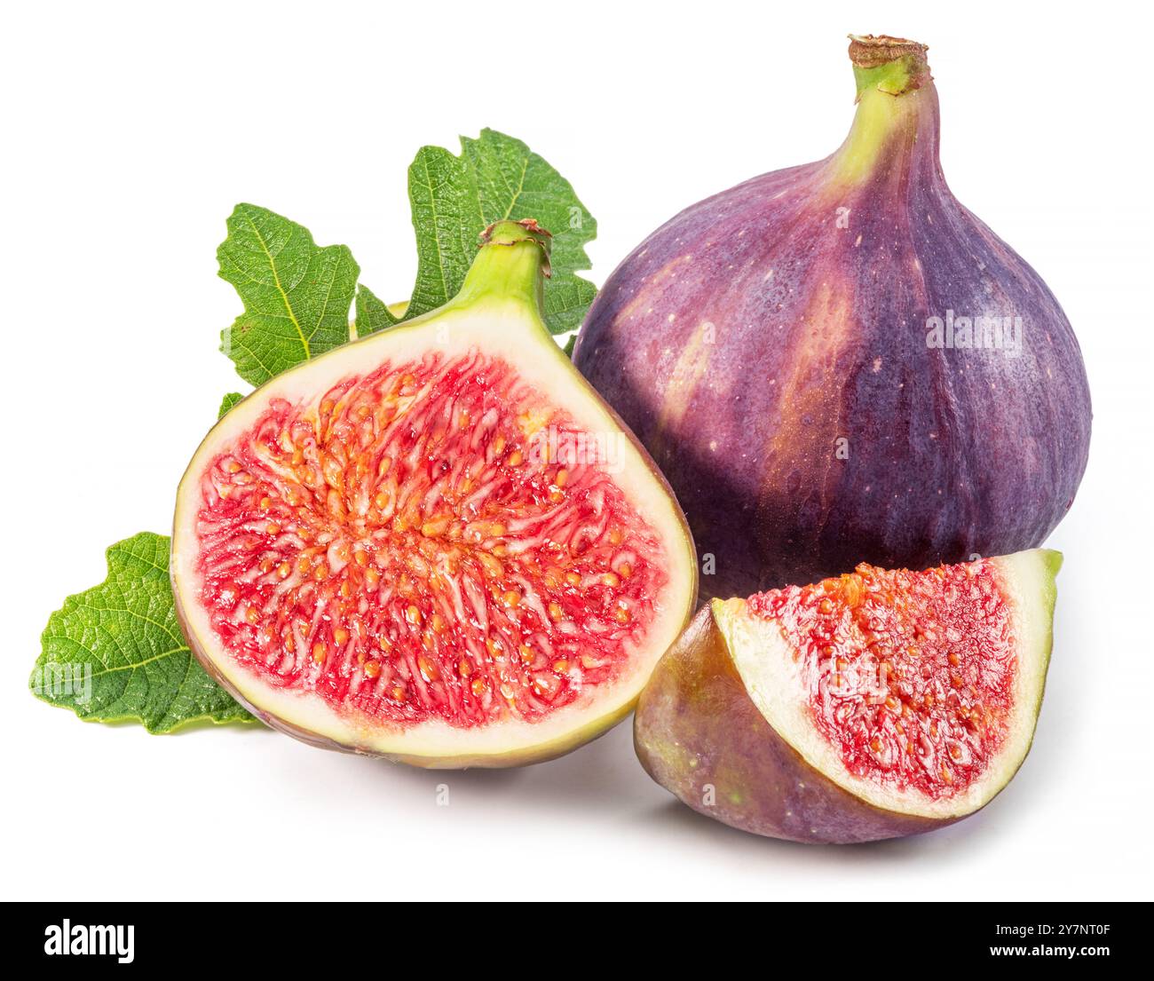 Fig fruits with fig leaves and slices of fig isolated on white ...
