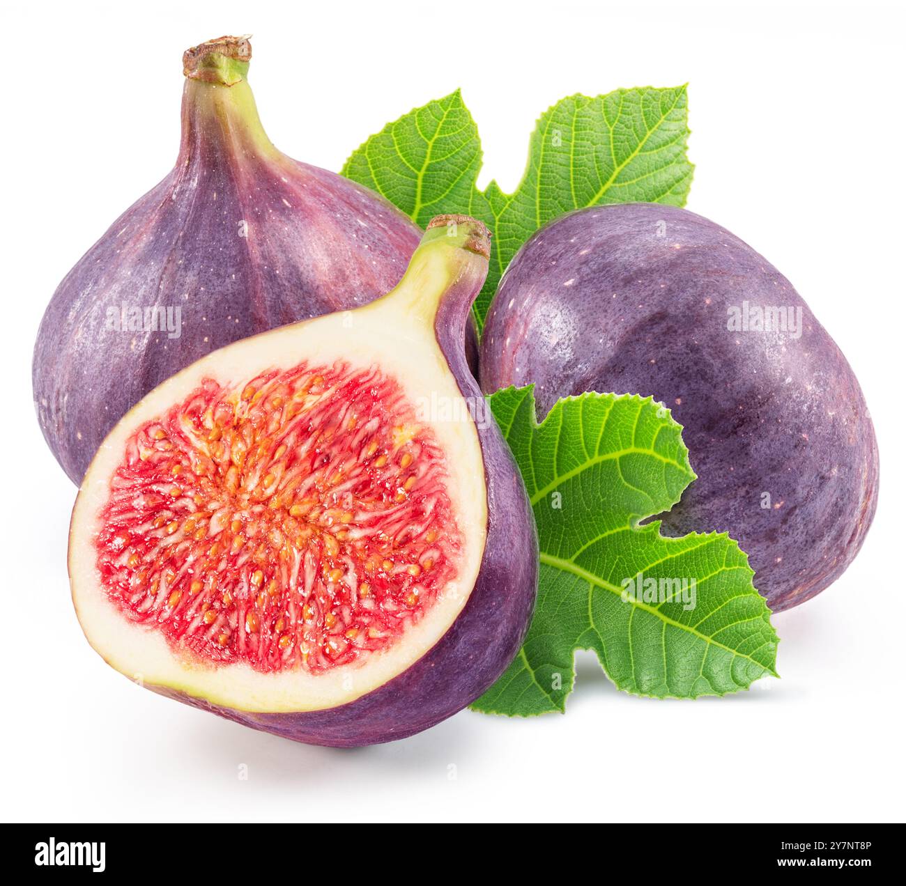 Fig fruits with fig leaves and slices of fig isolated on white ...