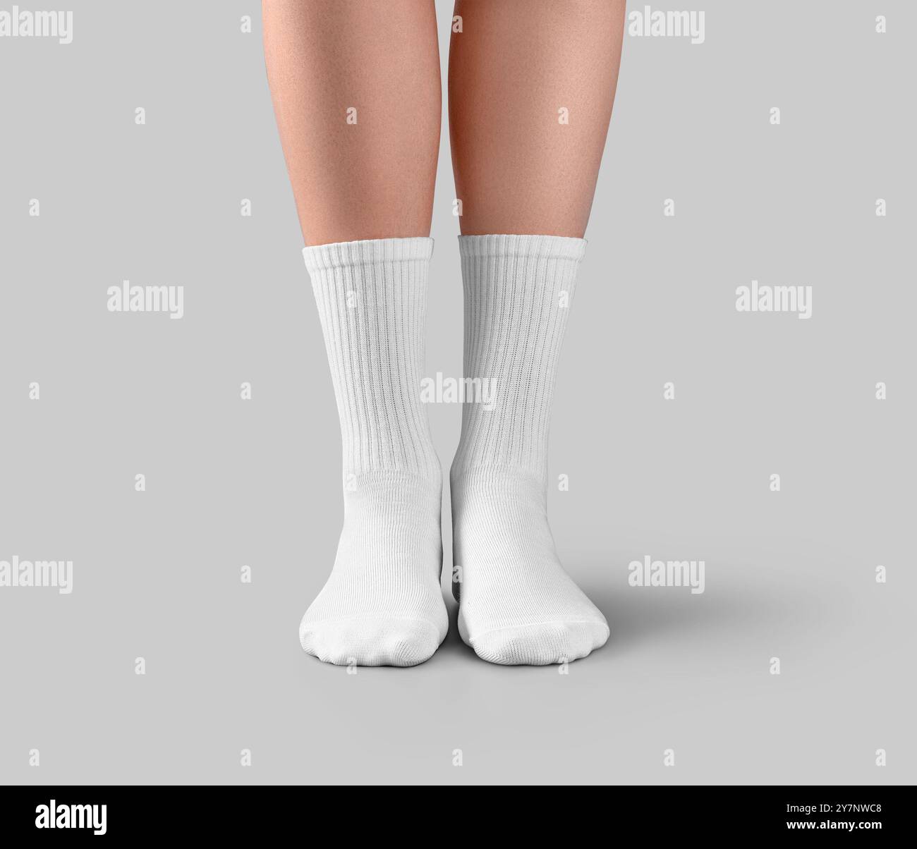 Template of white high socks on women's beautiful feet, front view ...