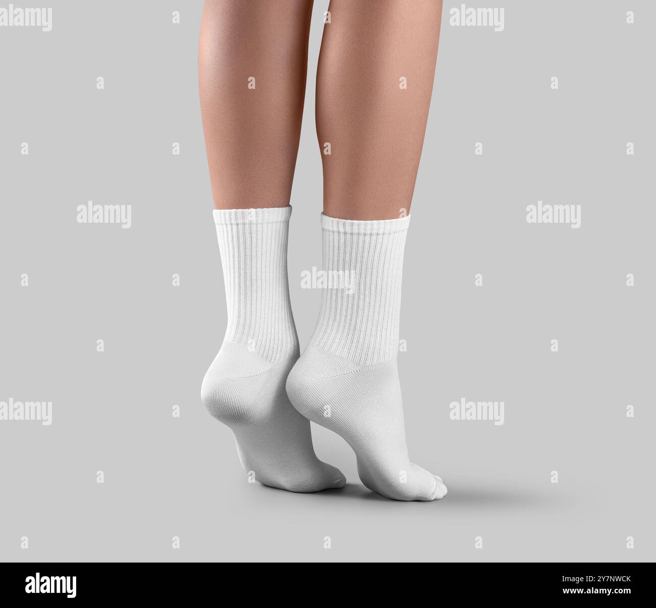 Mockup of white high tiptoe socks back view, long clothes on women ...