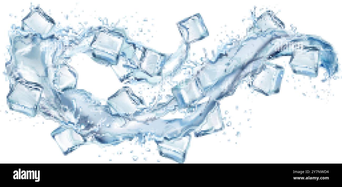 Ice water flow. Frozen cubes and liquid stream waves splash, solid ...