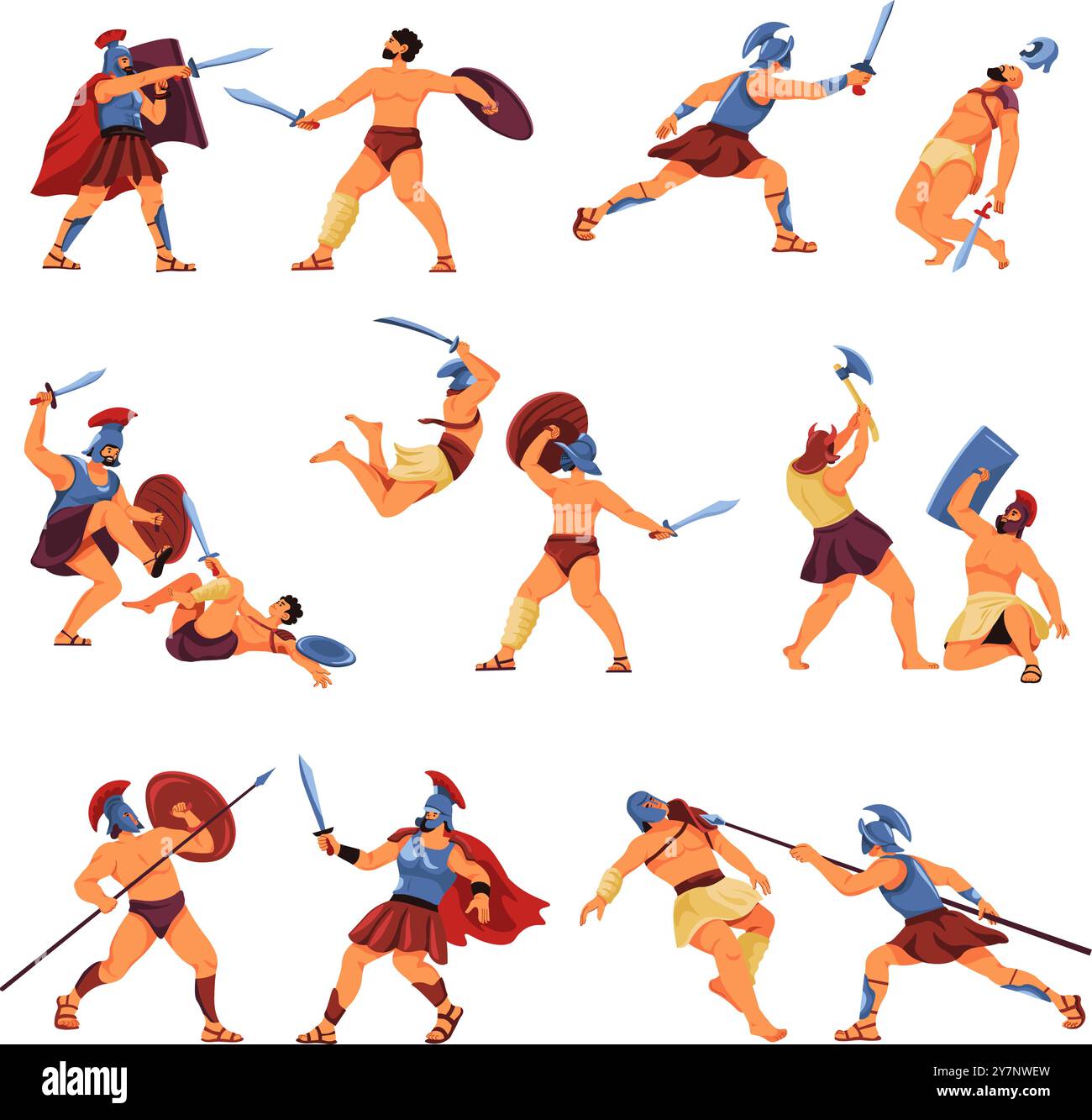 Roman gladiator characters. Ancient rome empire soldiers, cartoon gladiators slave warriors ...