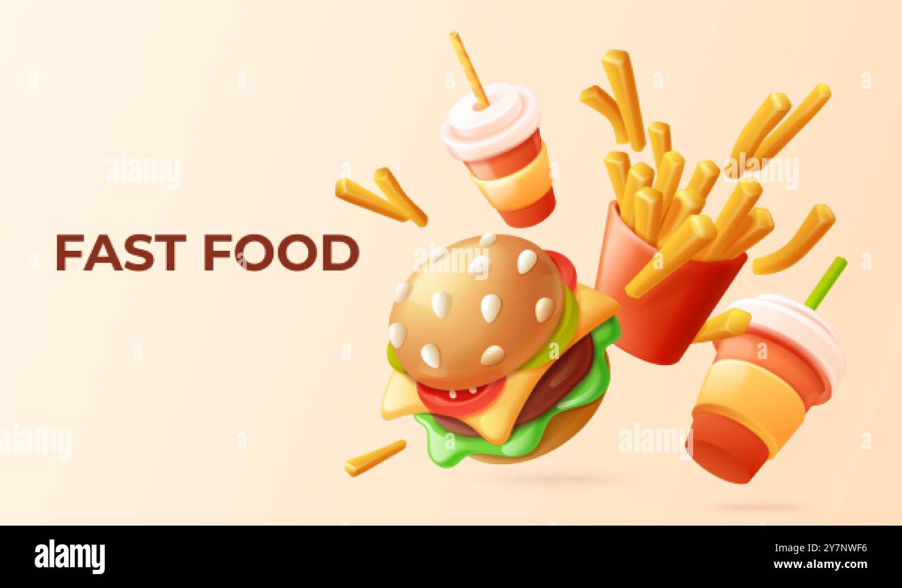 3d fast food banner. Fastfood render realistic ad delivery promotion ...