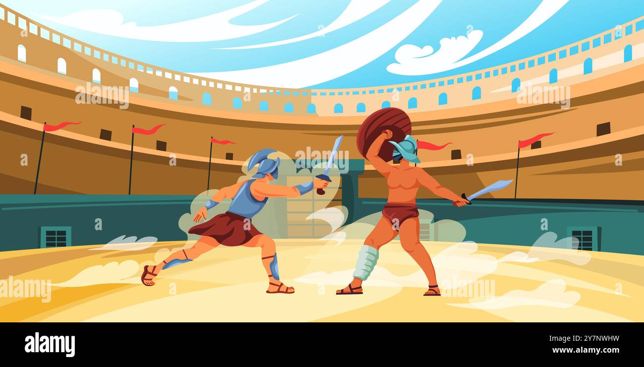 Gladiators fight in coliseum. Roman gladiator battle arena, ancient ...