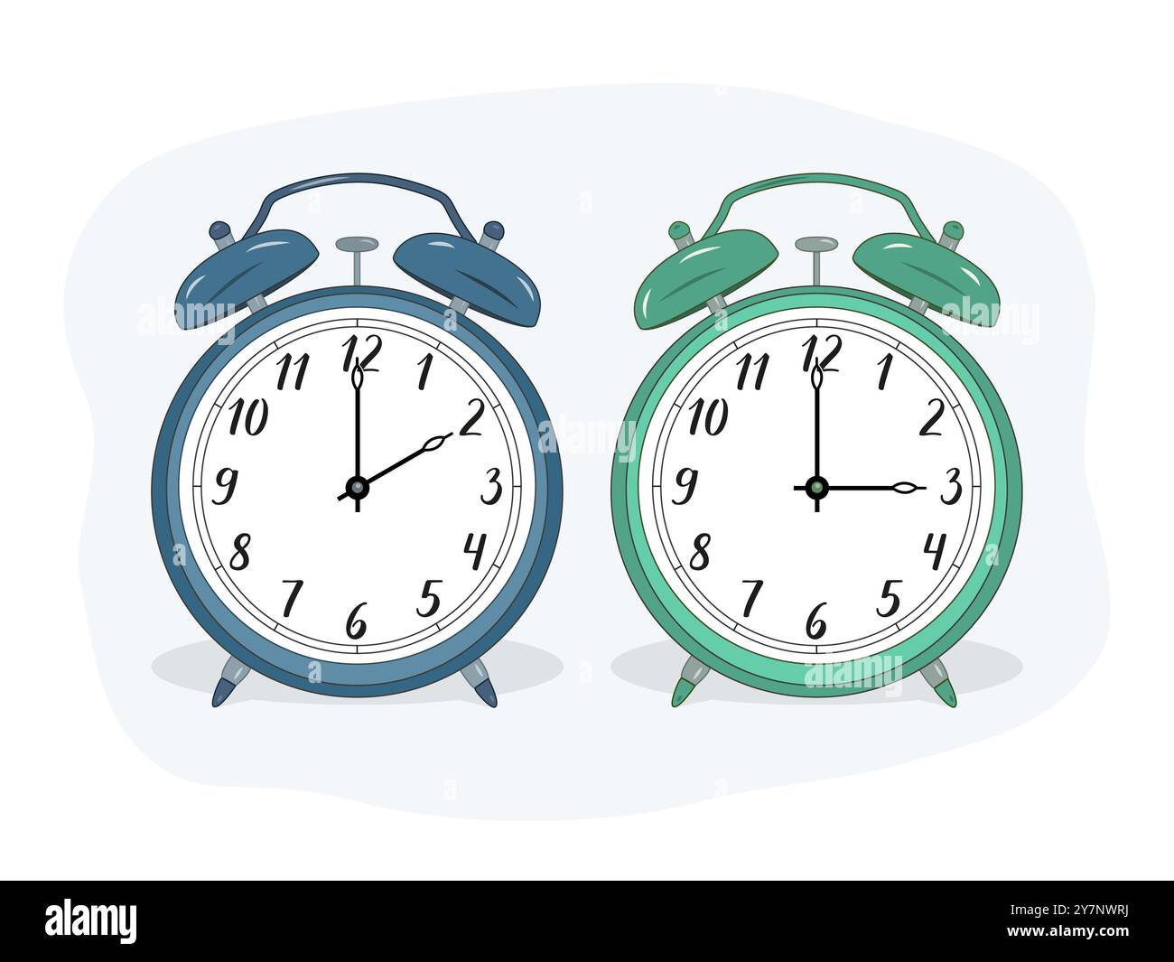 Illustration of two alarm clocks. The blue one symbolizes winter, the ...