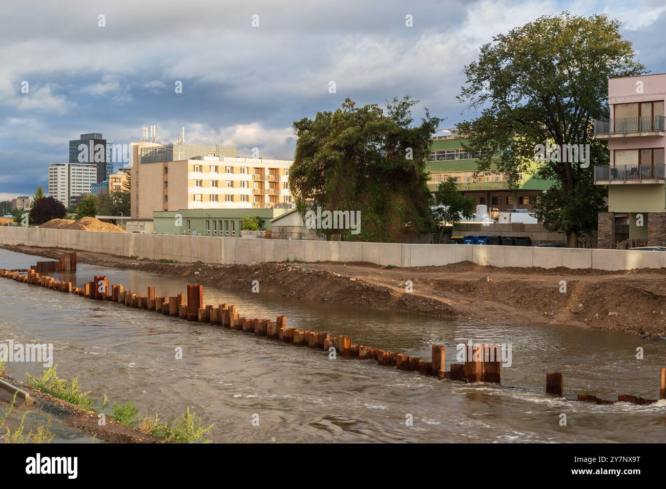 Flood wall in river basin of Svratka, Brno, Czech republic, floods ...