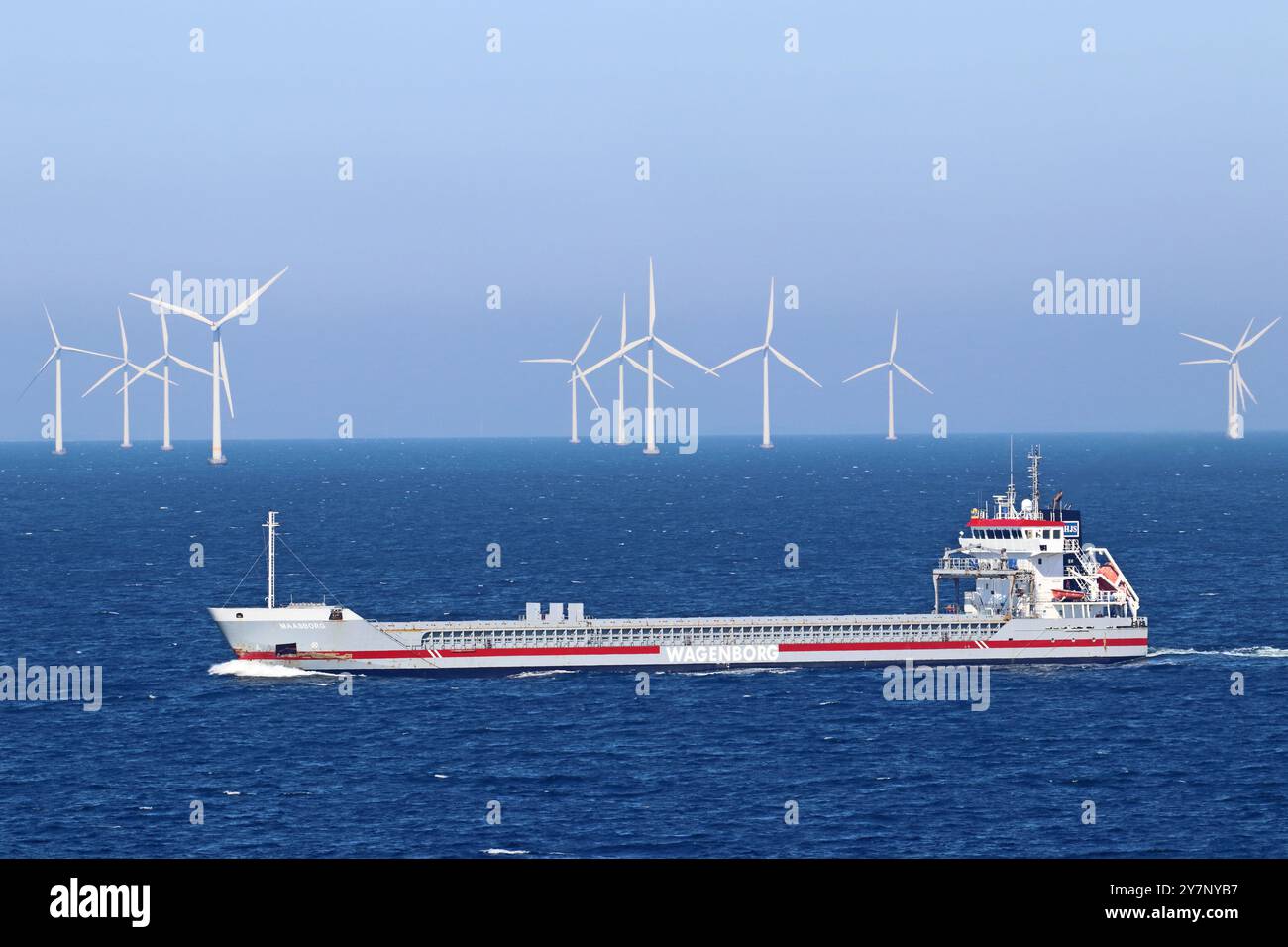 MV Maasborg passing an offshore wind farm off the Danish Coast Stock ...