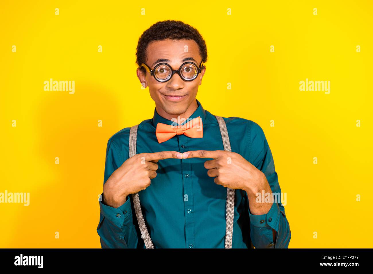 Photo of elegant guy touch fingers together feel shy unsure isolated ...