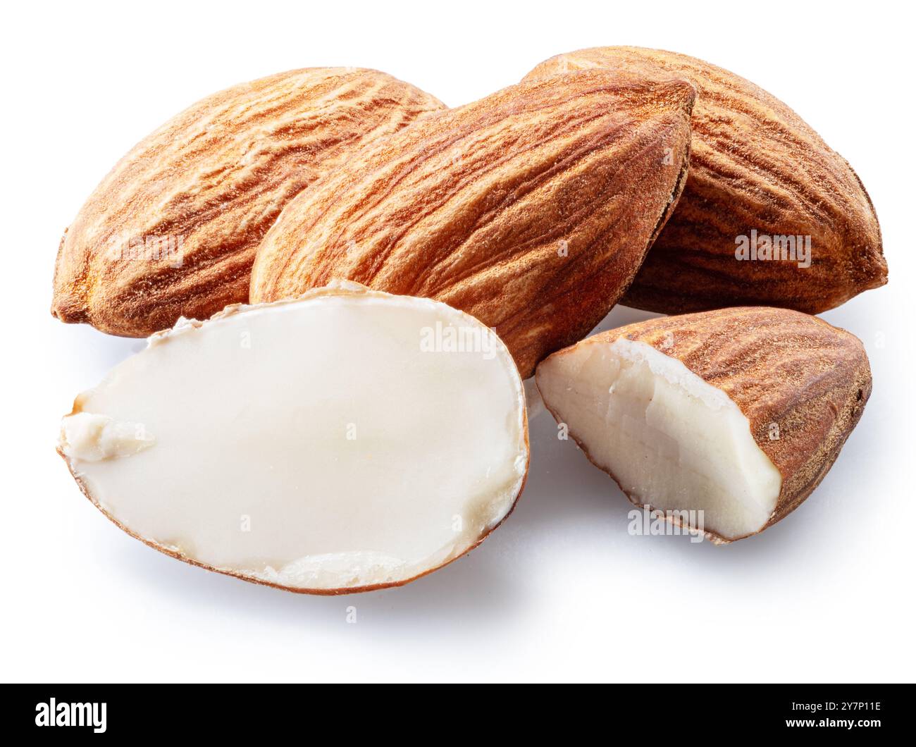 Almond nuts and split almonds isolated on white background. File ...
