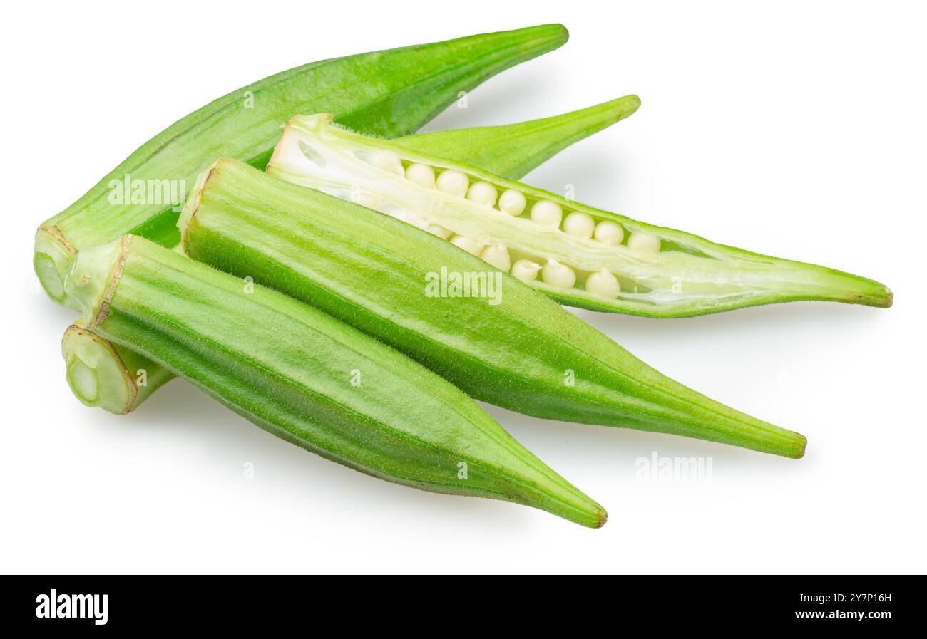 Okra green seed pods, and and longitudinal cut of okra pod isolated on ...