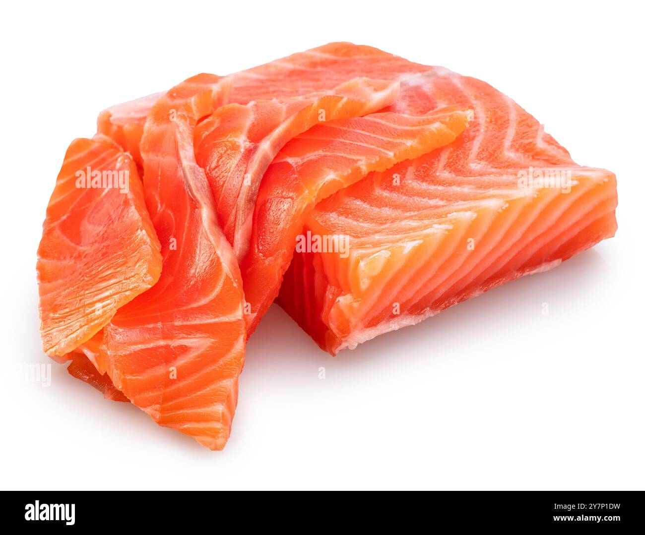 Salmon fillet slices and cut of salmon isolated on white background ...
