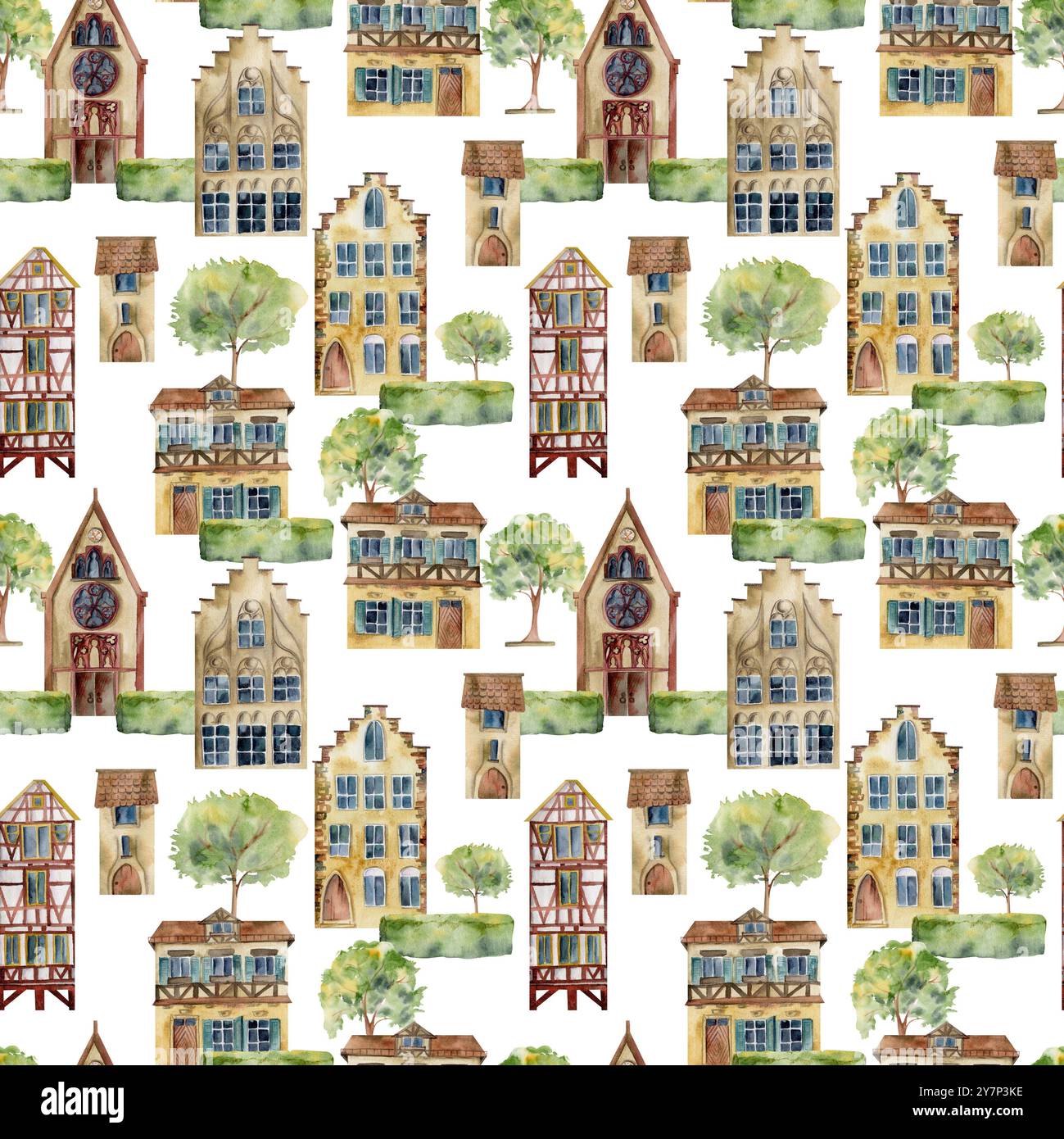 Old European city town street houses urban facades, trees. Historical ...
