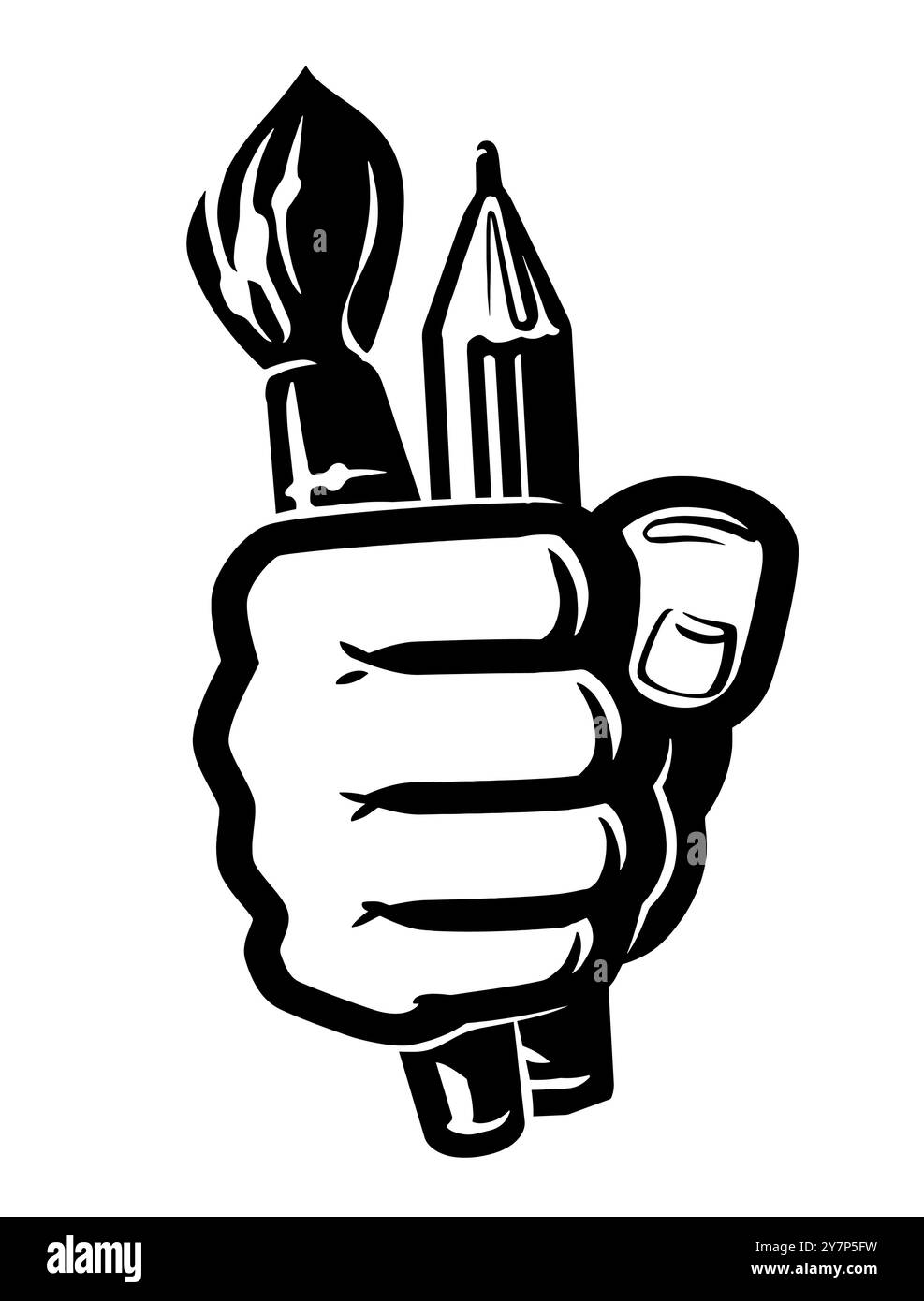 Paintbrush and pencil in fist or hand. Artistic art emblem. Vector ...