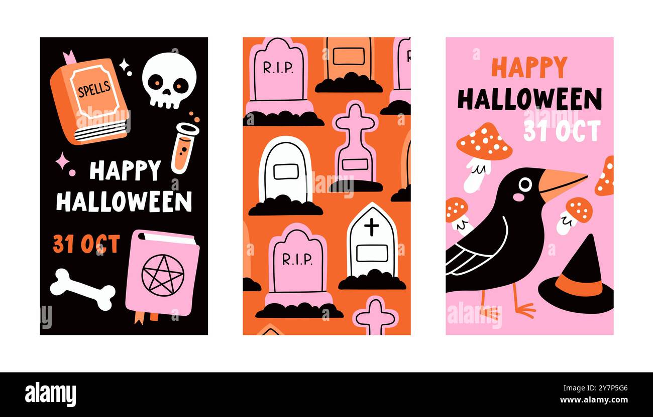 Halloween trendy poster set. Trendy flat style and funny characters ...