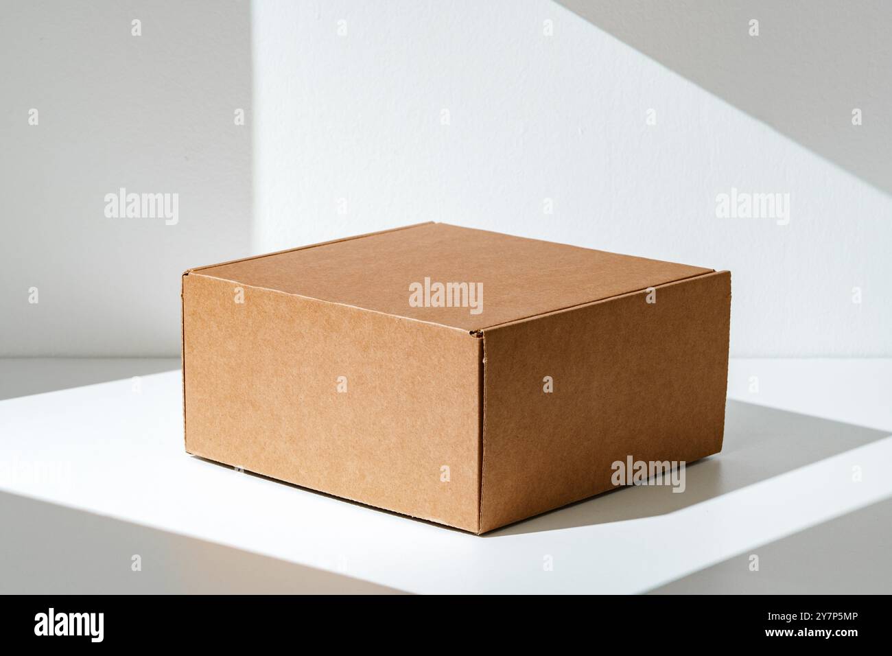 Simple brown cardboard box positioned on a white surface with soft ...