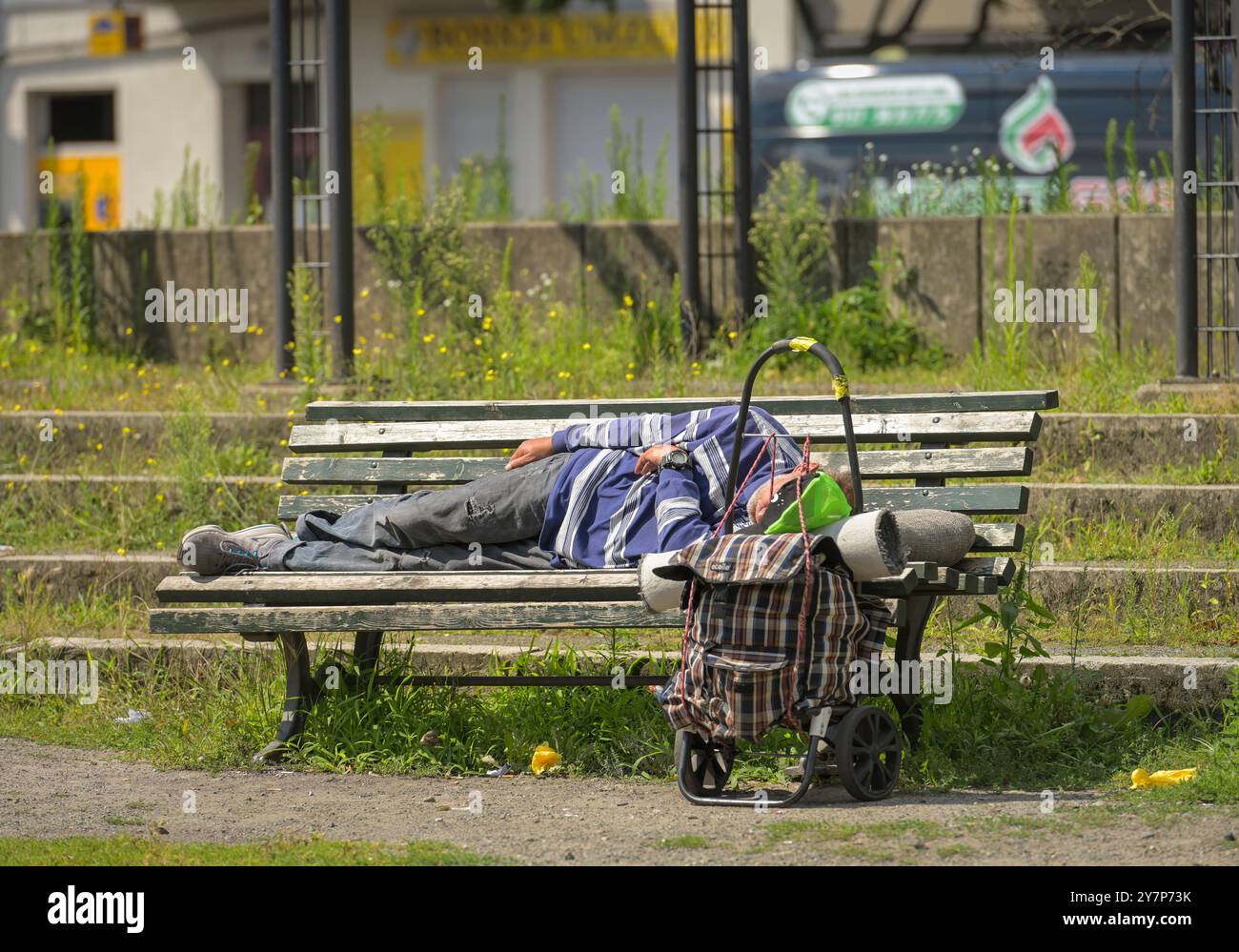 Homeless man sleeping on park bench, Franz-Neumann-Platz, Reinickendorf ...