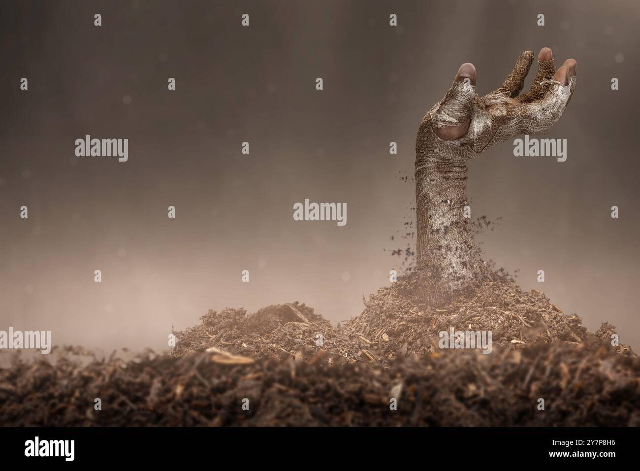 Mummy hand in bandages rising out of graveyard ground, with a creepy ...
