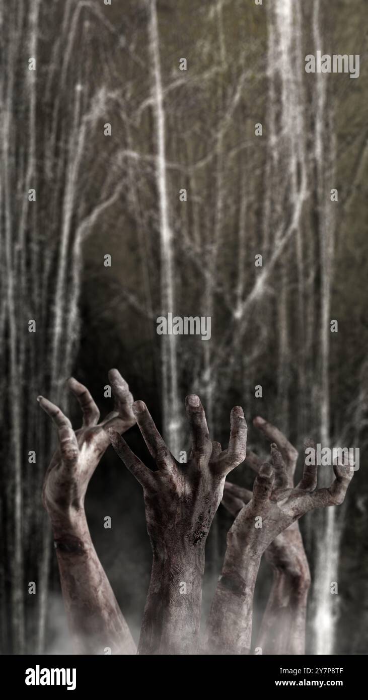 Group of zombie hands with bloody wound shown in a dark room with a ...