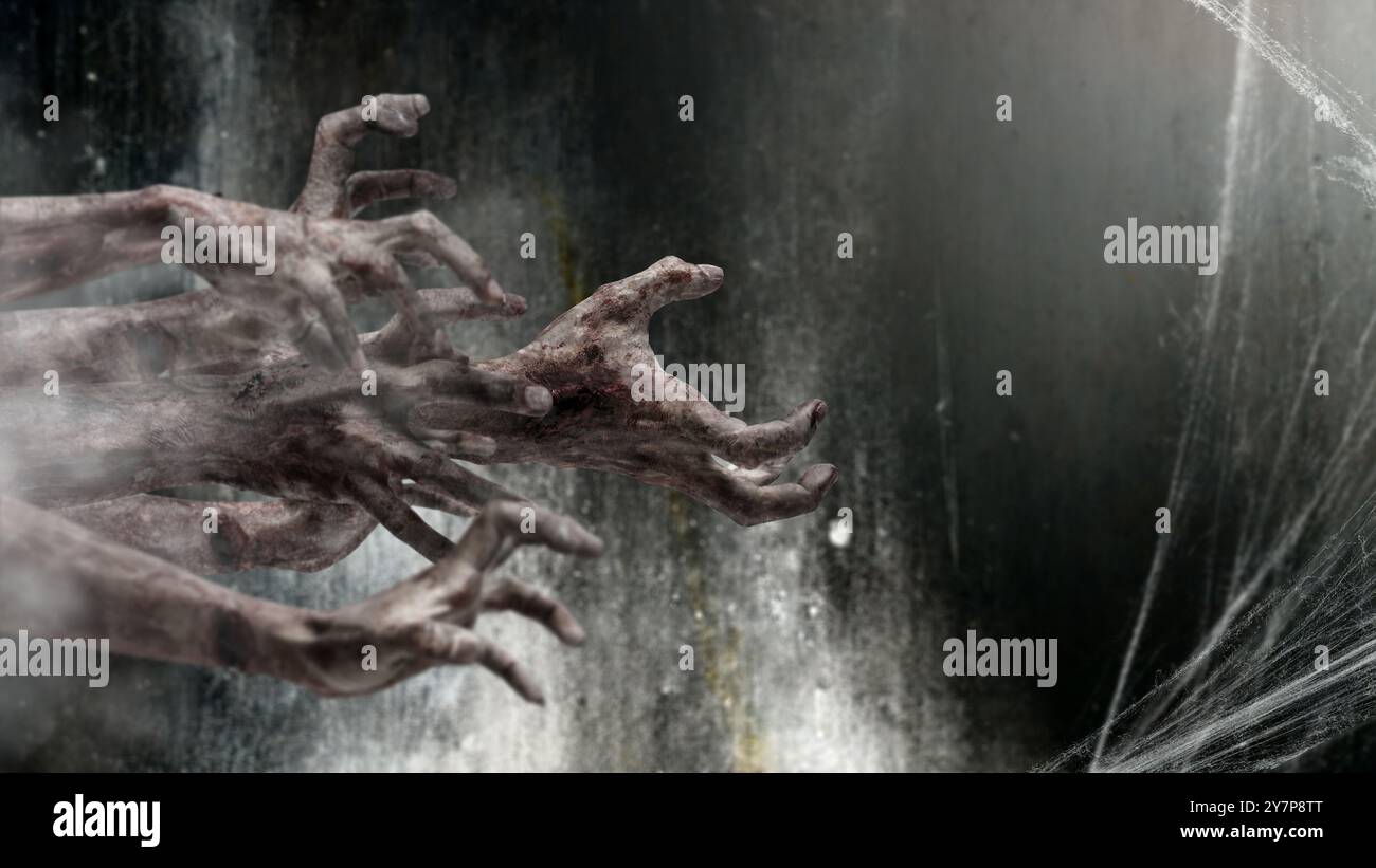 Group of zombie hands with bloody wound shown in a dark room with a ...