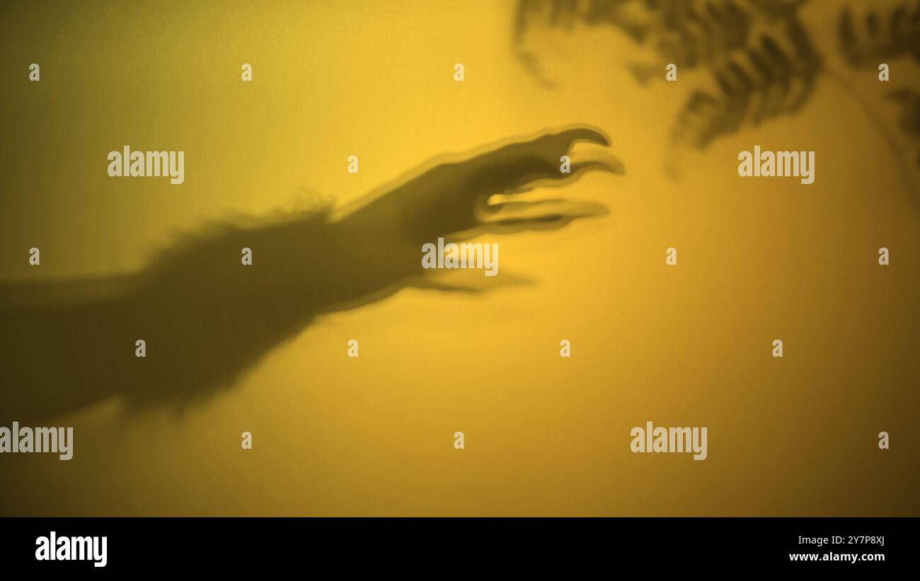 Shade of werewolf hands with fur and black claws on a yellow background ...