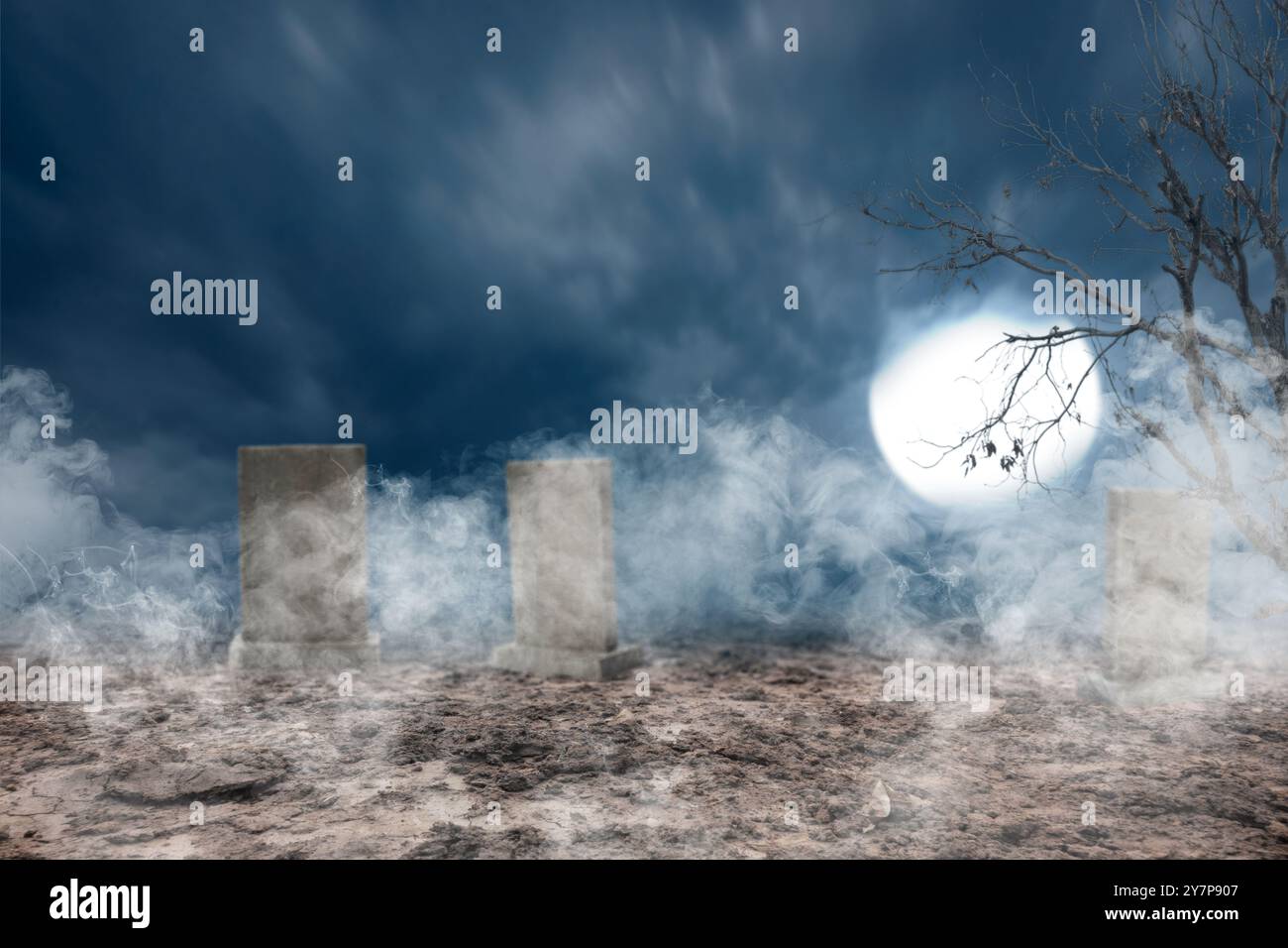 Gravestones in graveyard with full moon background. Scene is mysterious ...