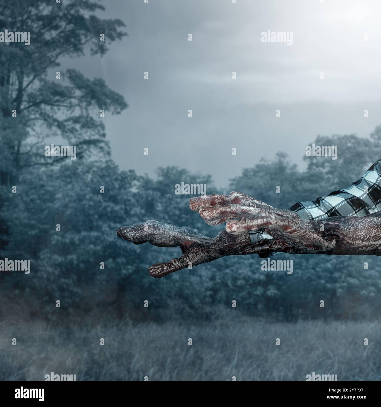 Monster hands in plaid shirt rising out with moonlight background. Scene has dark and scary. The ...