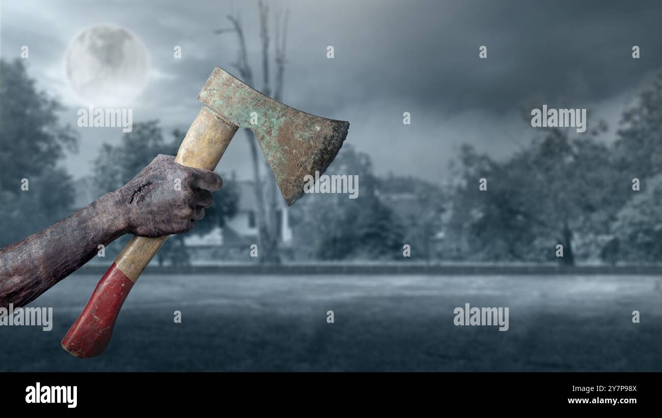 Zombie hands with a bloody wound holding an axe with full moon ...