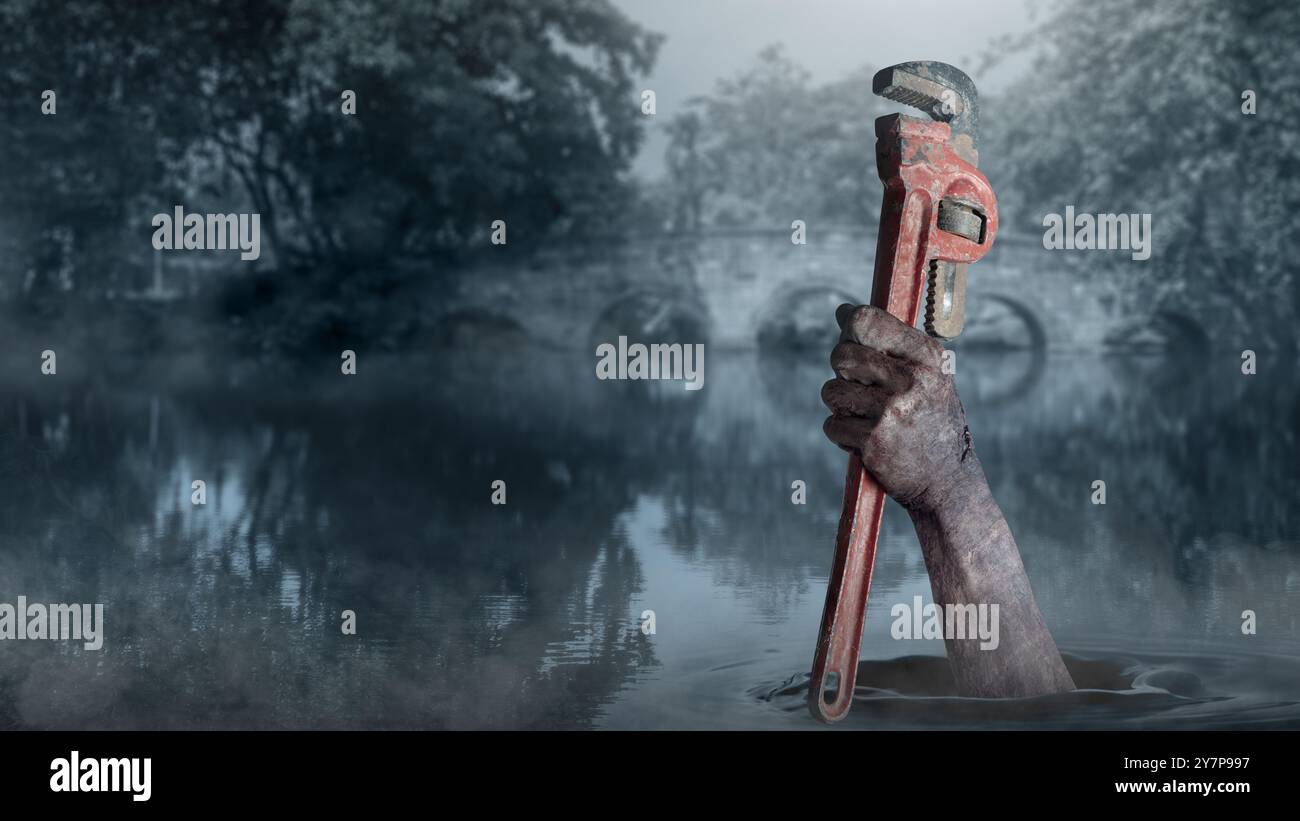Zombie hands with a bloody wound rising out of water holding an pipe ...