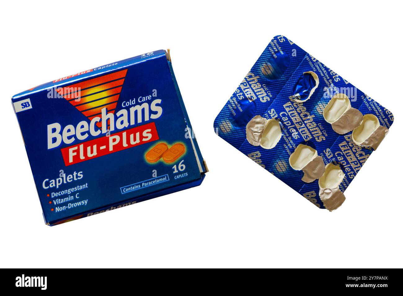 Box of Cold Care Beechams Flu-Plus caplets with blister pack removed ...