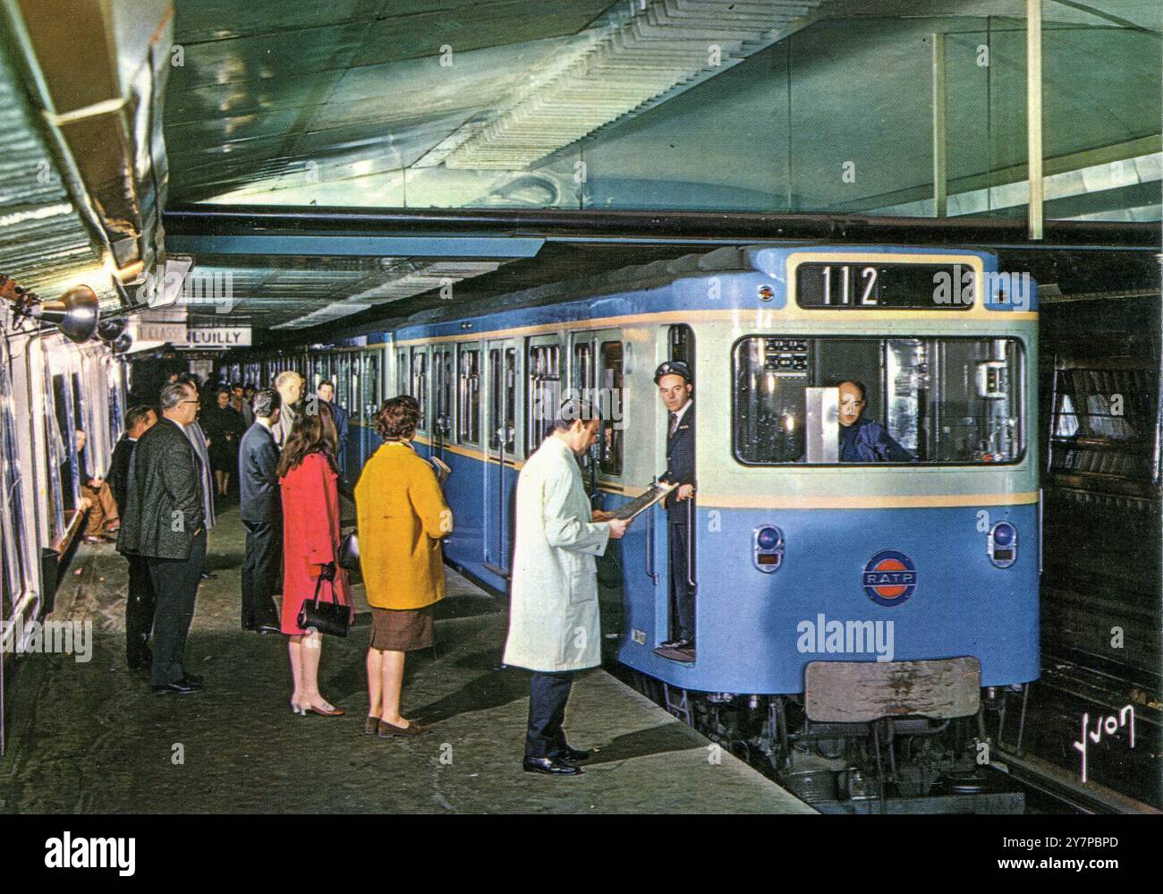 A 1960's postcard of a Paris Metro station showing what appears to be ...